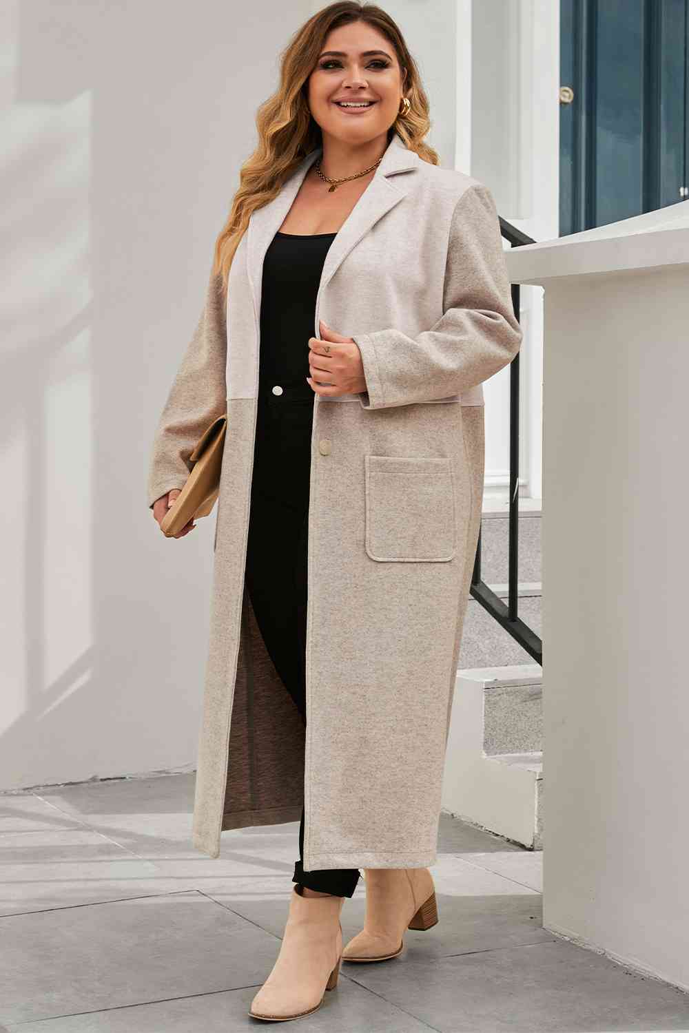 Plus Size Collared Neck Buttoned Longline Coat - Loulou Boutique