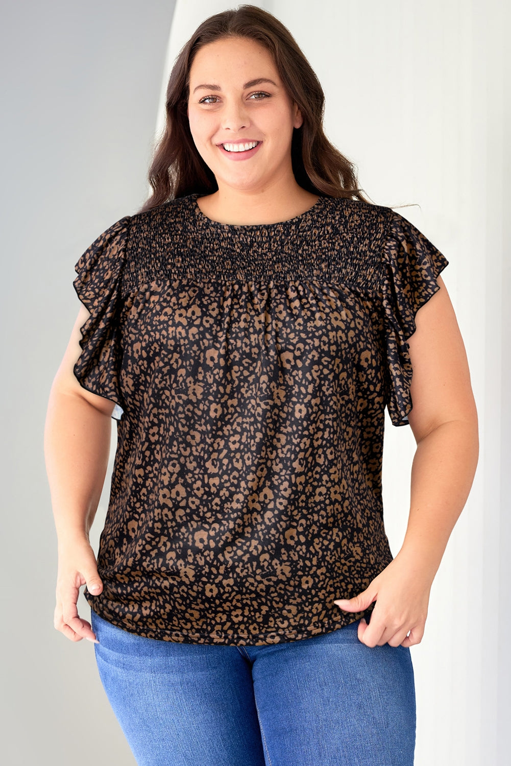 Plus Size Printed Smocked Butterfly Sleeve Blouse - Loulou Boutique